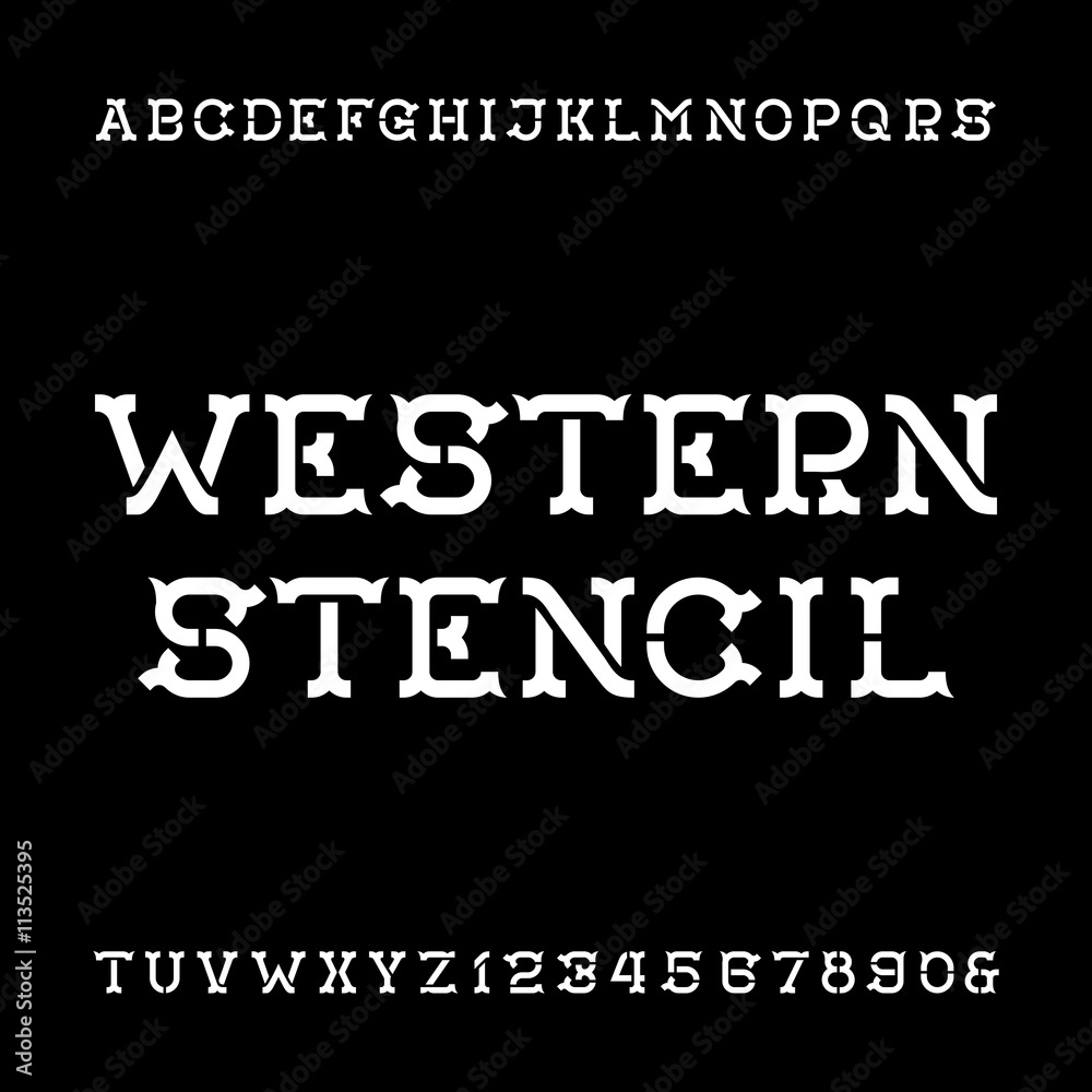 Western stencil alphabet vector font. Vintage type letters and numbers ...