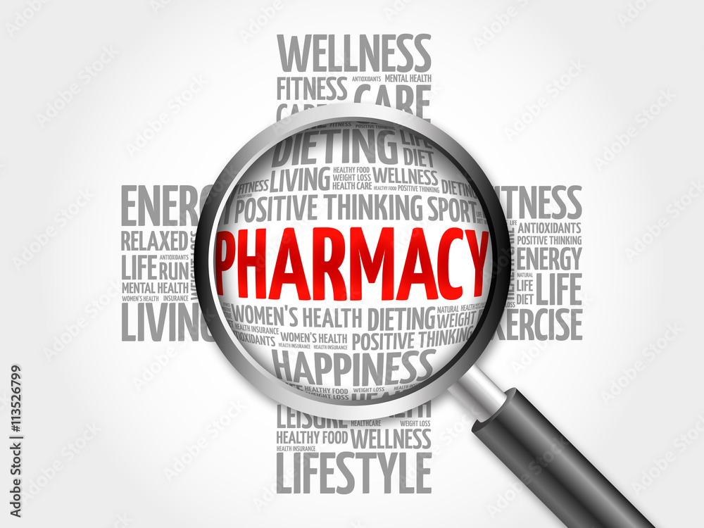 Pharmacy word cloud with magnifying glass, health cross concept 3D ...