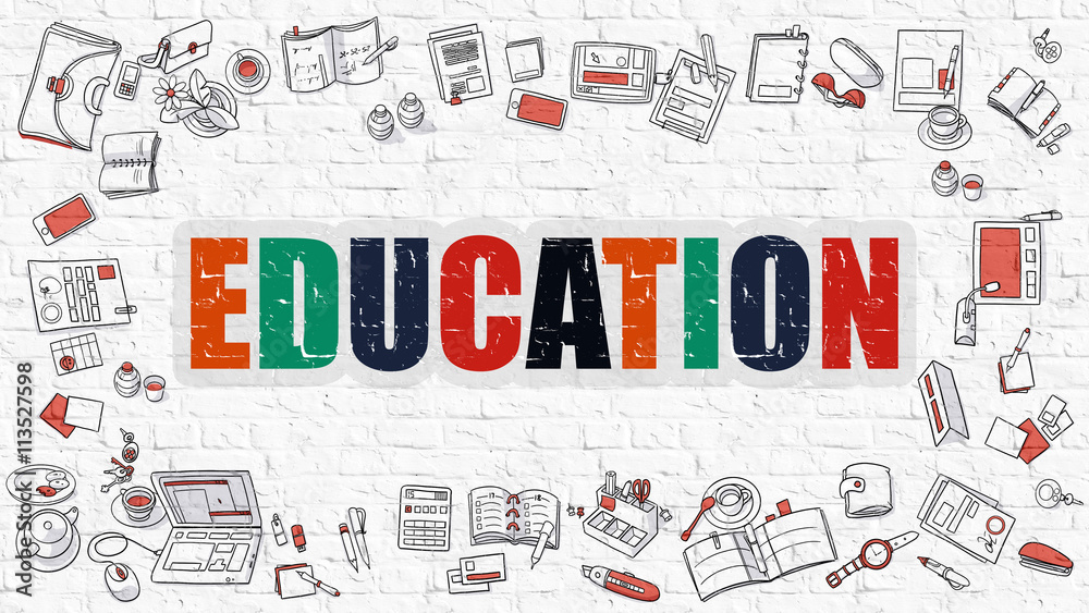 Education. Multicolor Inscription on White Brick Wall with Doodle Icons ...