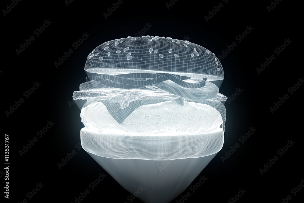 Burger Hamburger Wireframe Hologram. Nice 3D Rendering Stock ...