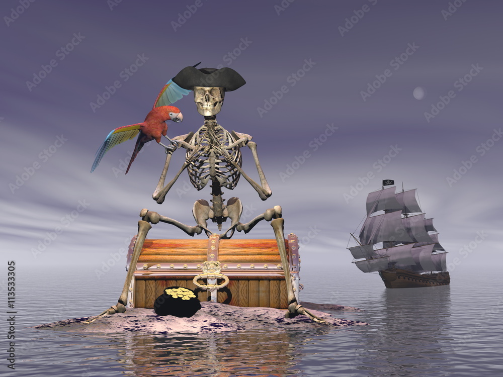 Skeleton pirate treasure - 3D render Stock Illustration | Adobe Stock
