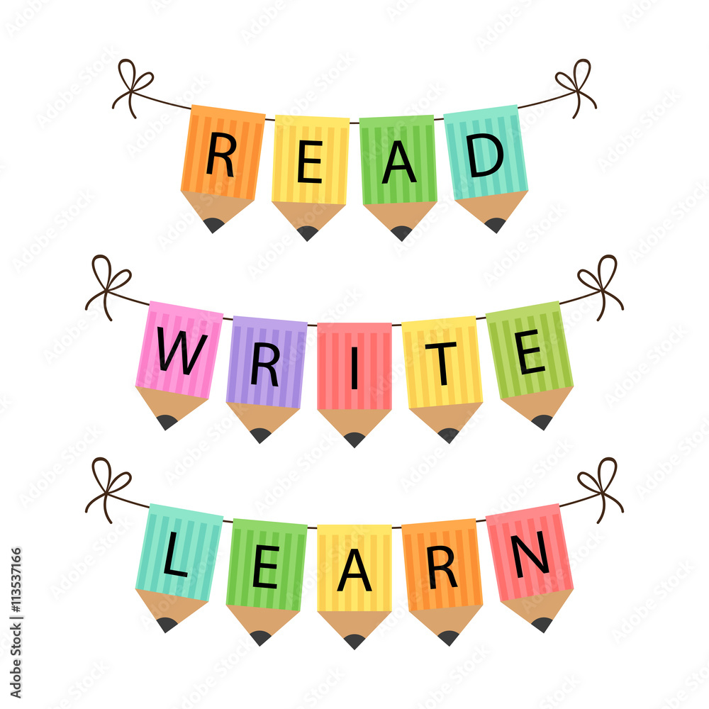 Cute Back to School multicolored bunting flags with words Read, Write ...