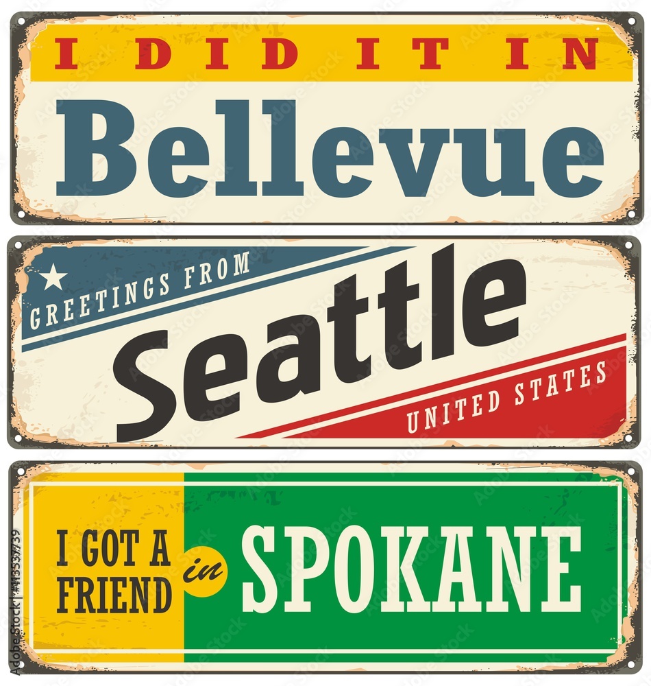 Vintage metal signs collection with USA cities Stock Vector | Adobe Stock