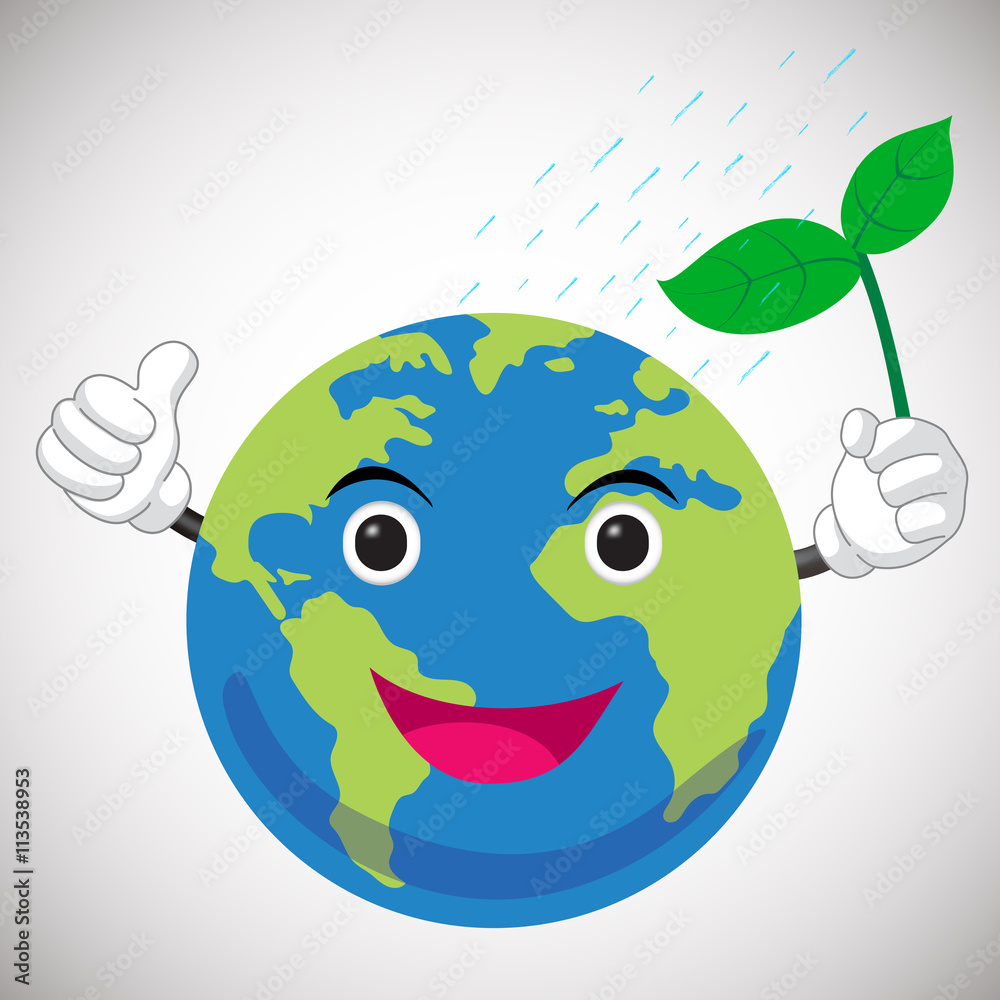 Earth Cartoon Style With Rain and plant. Green earth concept with ...