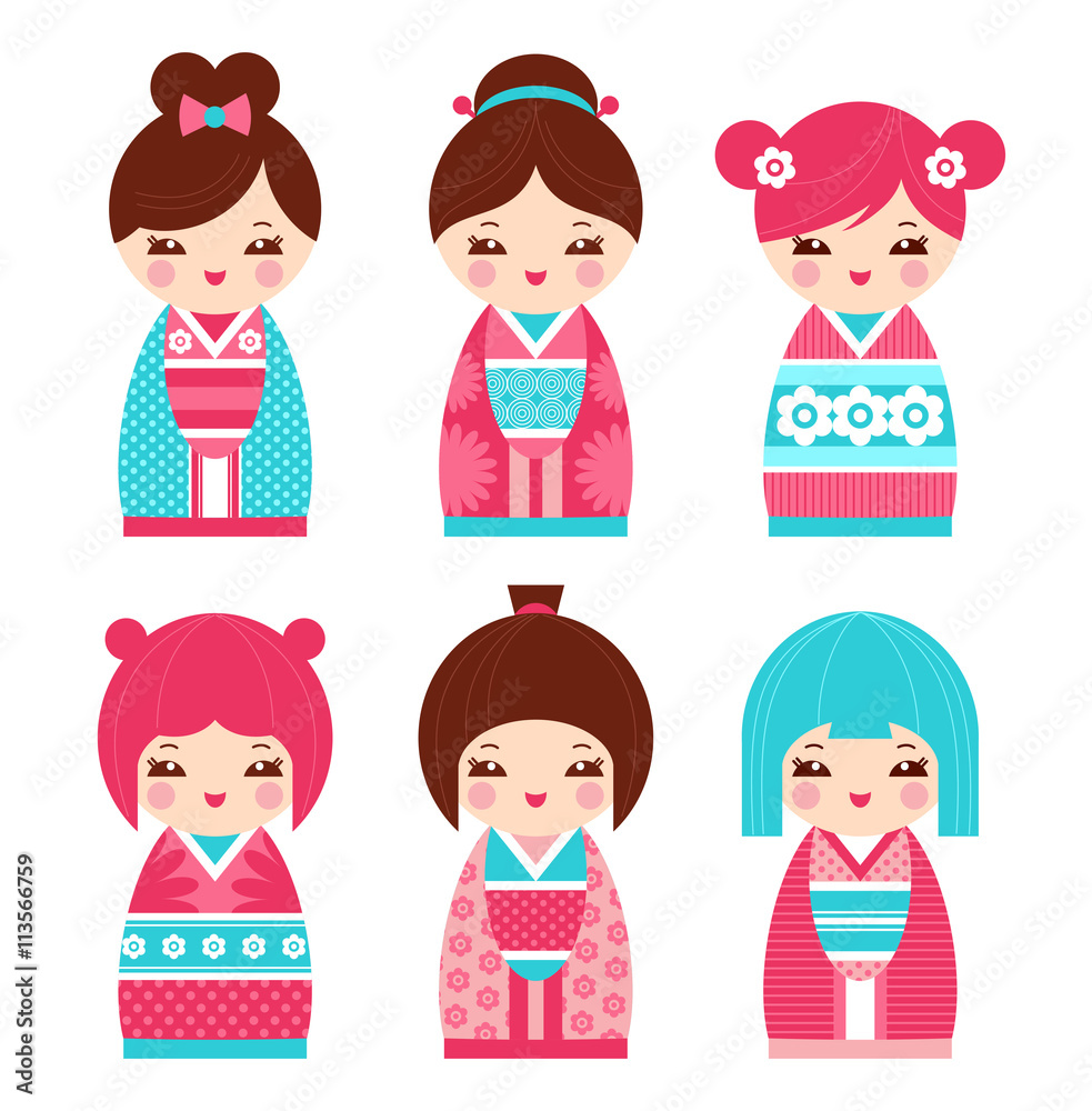 Set of cute Japanese Kokeshi Dolls Stock Vector | Adobe Stock