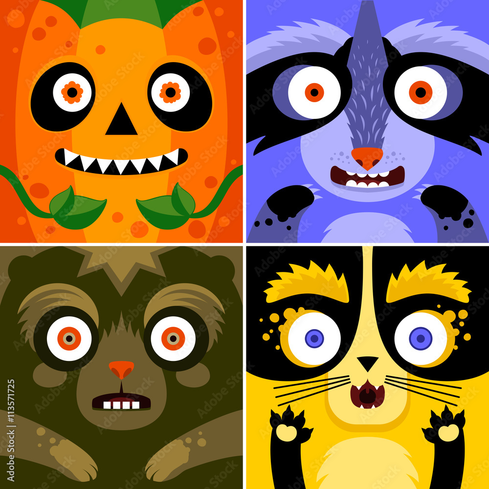 Cartoon monster animals faces vector set. Cute square avatars and icons ...