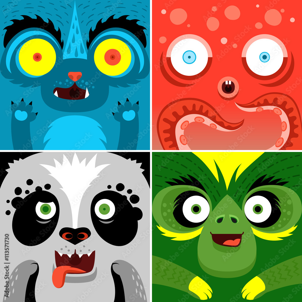Cartoon monster animals faces vector set. Cute square avatars and icons ...