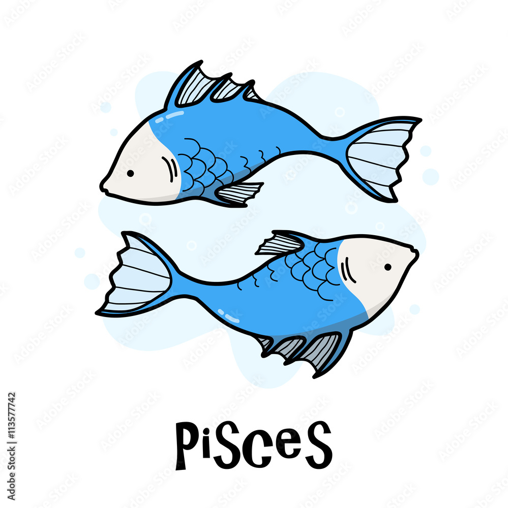 Pisces Zodiac, a hand drawn vector cartoon illustration of Pisces ...