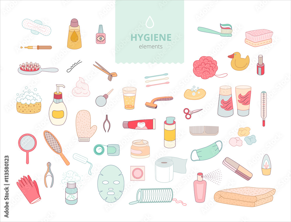 The set of hygiene elements on white background, flat cartoon vector ...