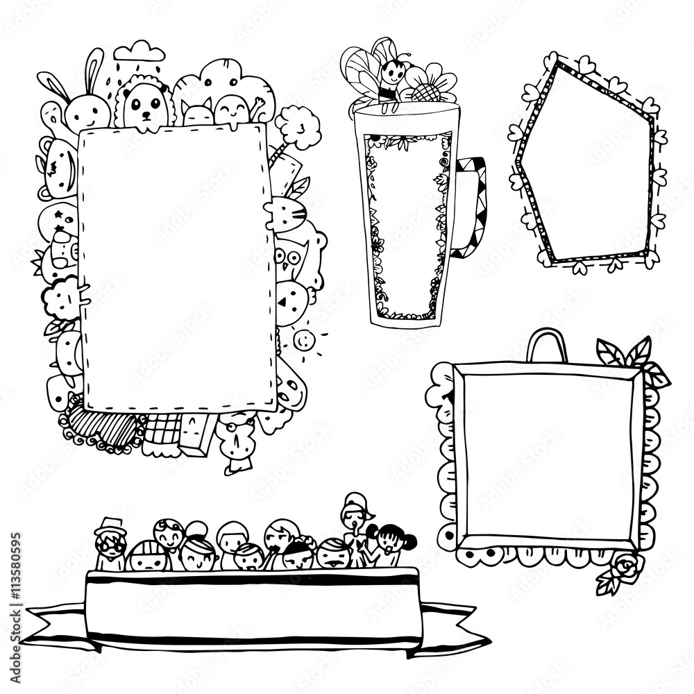 Set of cute black line picture frames isolated on white,free hand ...