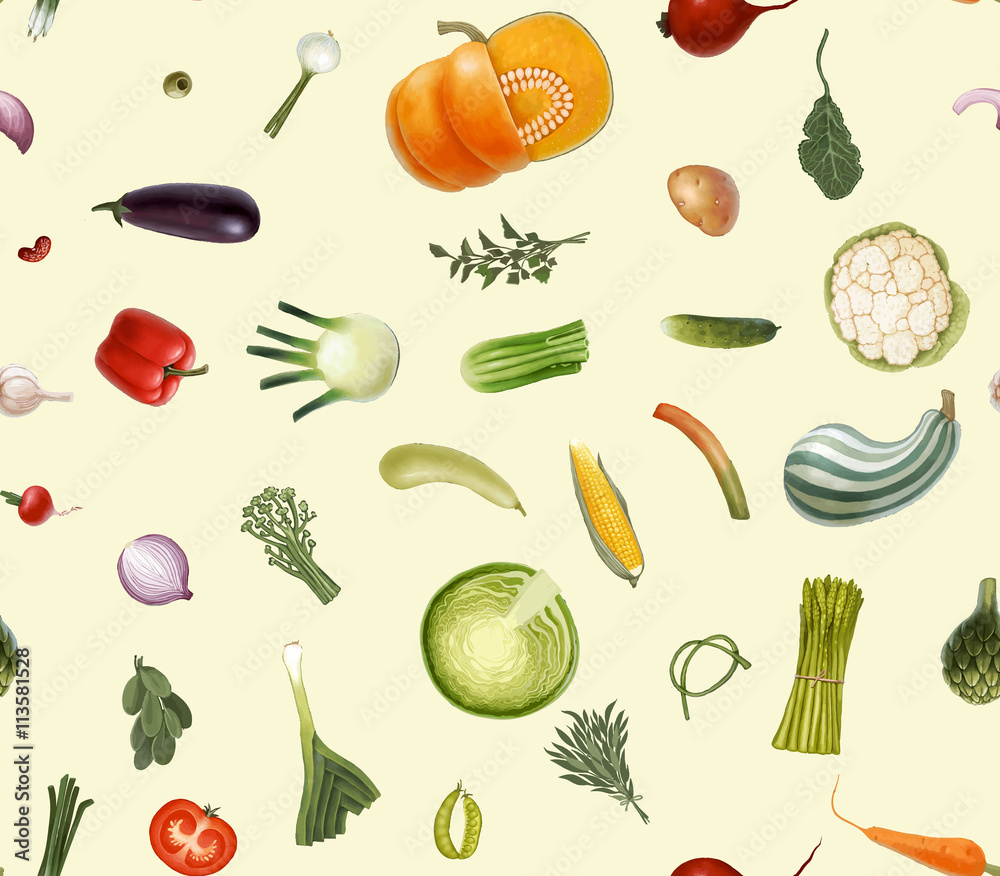 Vegetables pattern on light cream - hand-drawn vector seamless pattern ...