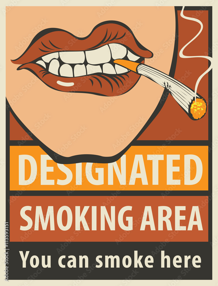 signboard designated smoking area with a pattern of human lips and lit ...