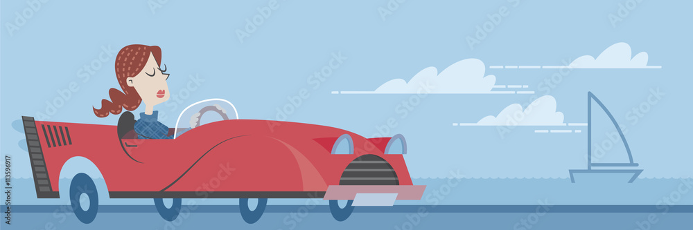 Banner, girl in a red car. A banner style retro of a woman driving a ...