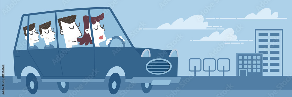 Banner, family car. A banner in retro style of a family in a car. Stock ...