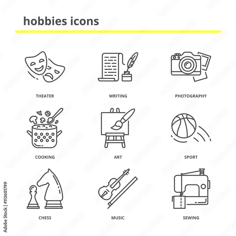 Hobbies vector icons set: theater, writing, photography, cooking Stock ...
