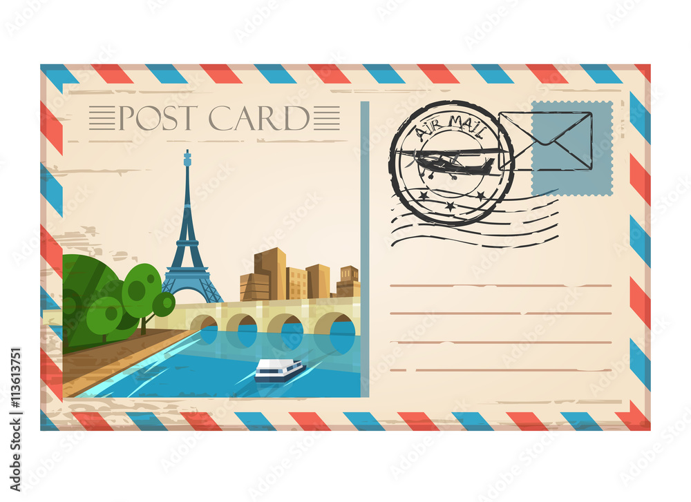 Vintage postcard travel Paris with stamp air mail Stock Vector | Adobe ...