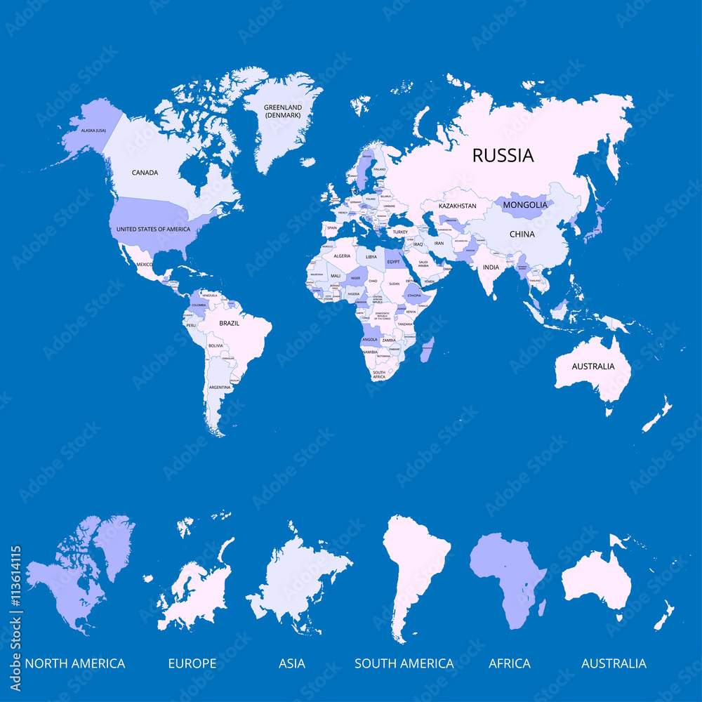 Plakat mapa świata z nazwami krajów i kontynentów. Ilustracja wektorowa ...