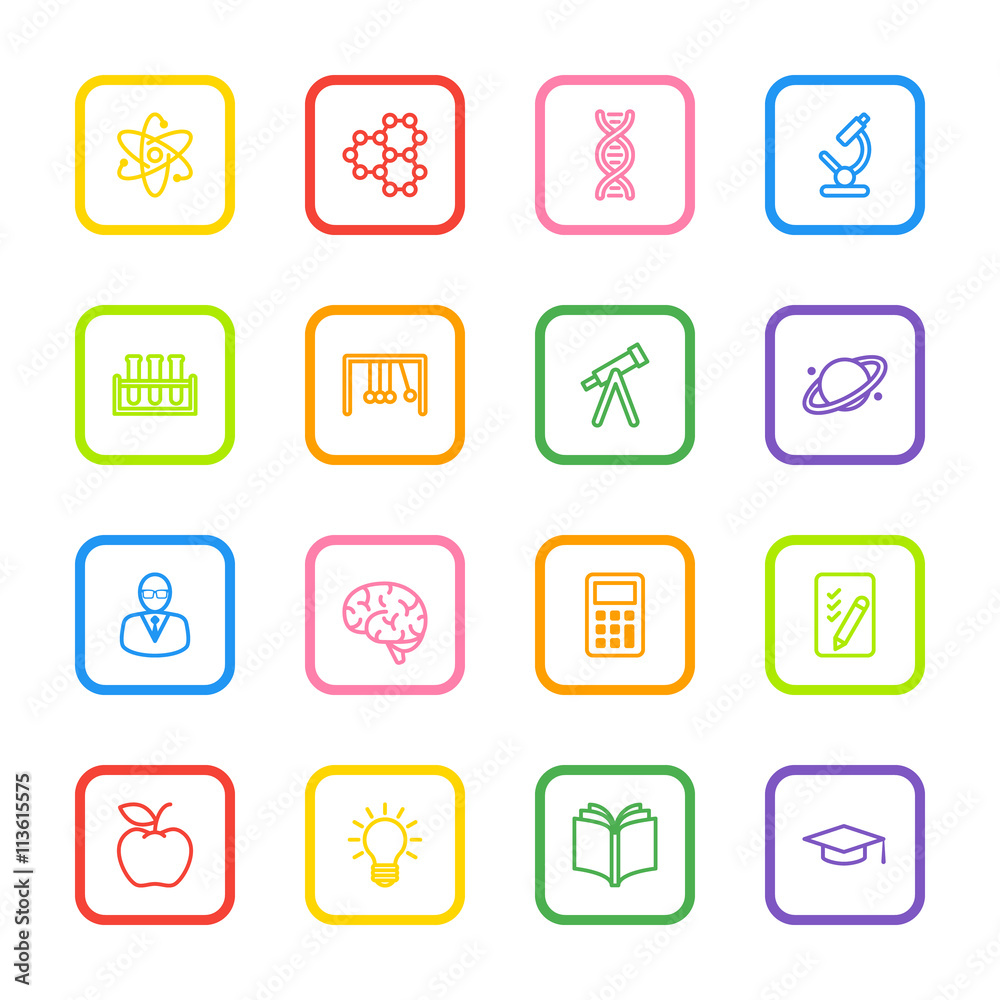 colorful line education and science icon set with rounded rectangle ...