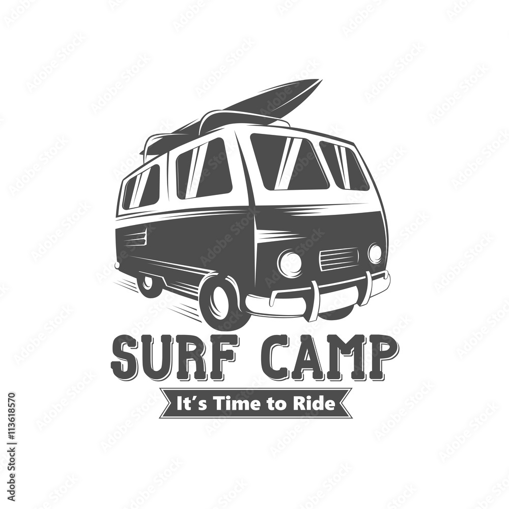 Surf camp logo design. Vintage black and white vector illustration of ...