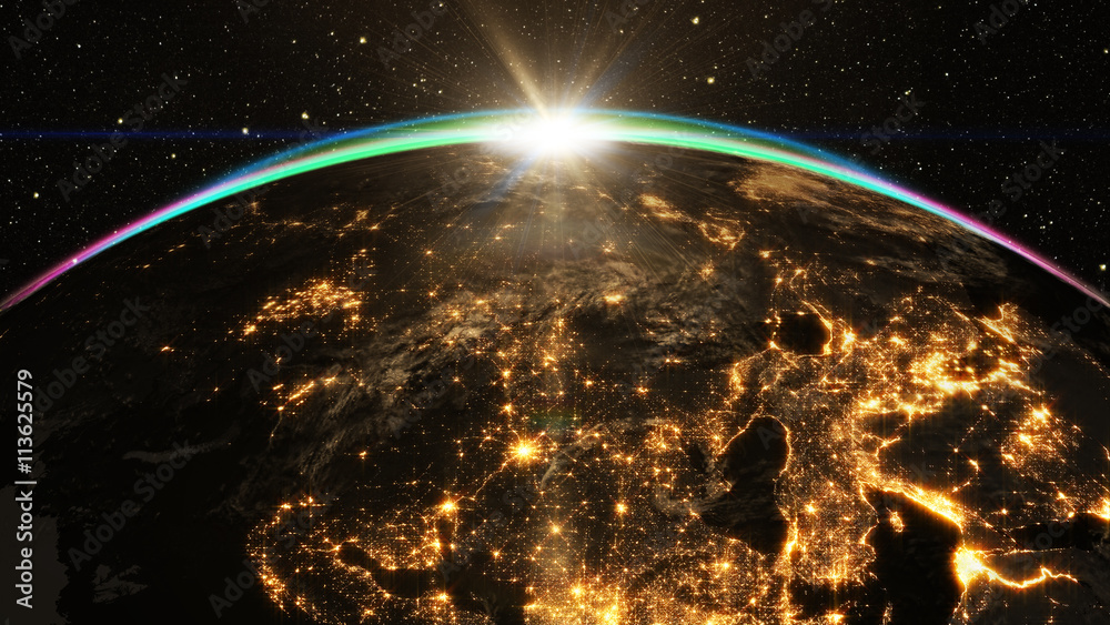 Highly detailed epic sunrise over world skyline. Planet earth Europe ...