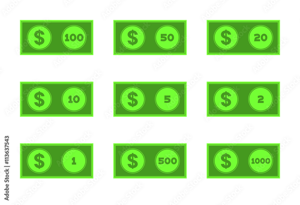 United States money icon set. Every denomination of US currency. Nine ...