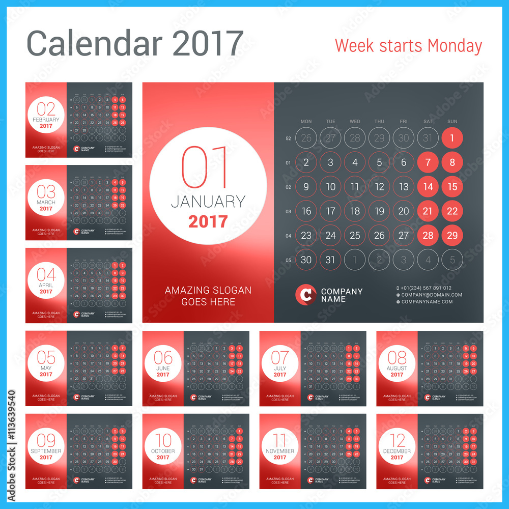 Calendar Template for 2017. Vector Design Print Template with Place for ...