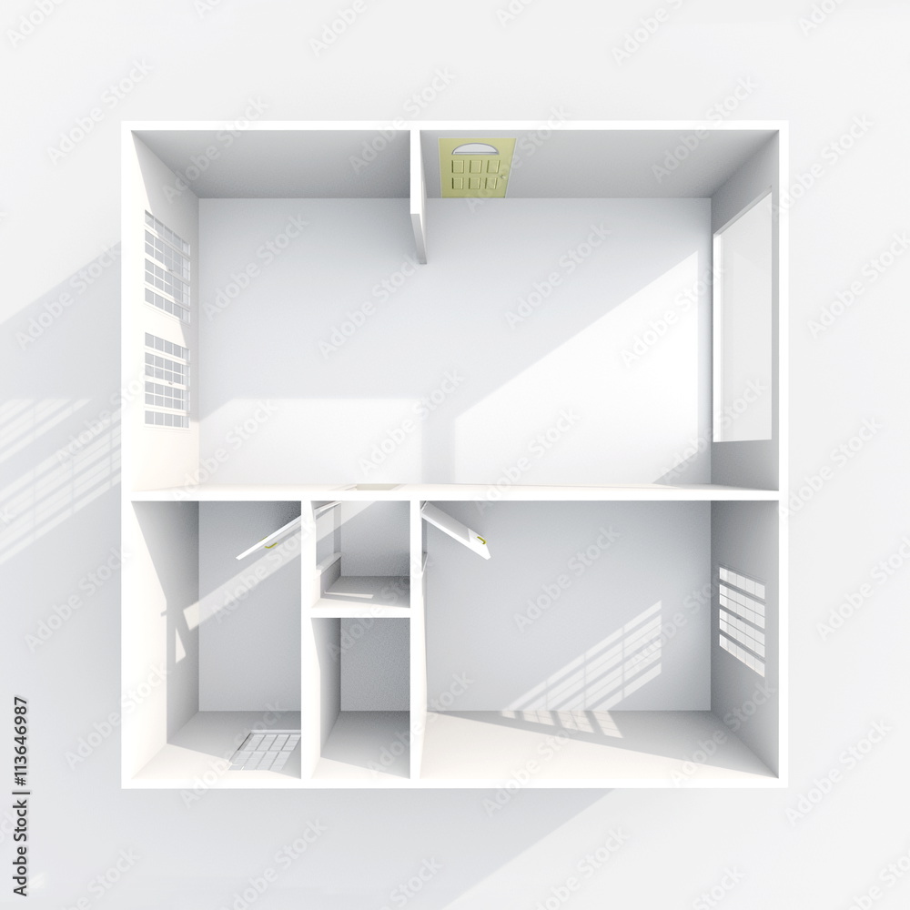 3d interior rendering plan view of empty paper model home apartment ...