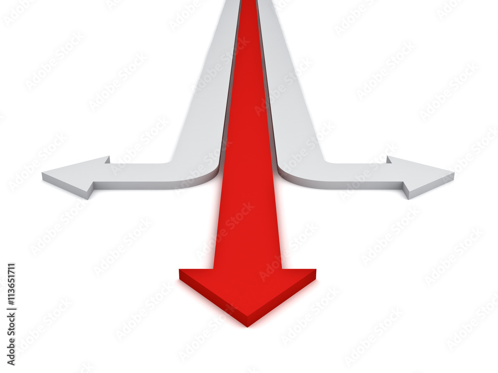 One red straight arrows showing three different directions concept ...