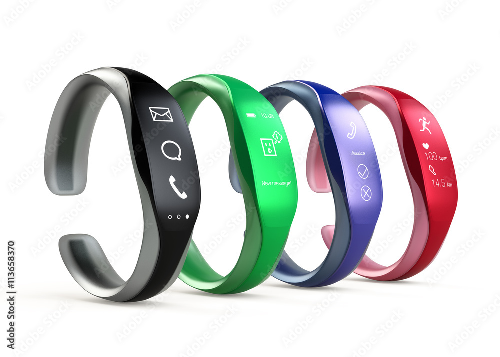Colorful smart bands with rubber bracelet isolated on white background ...