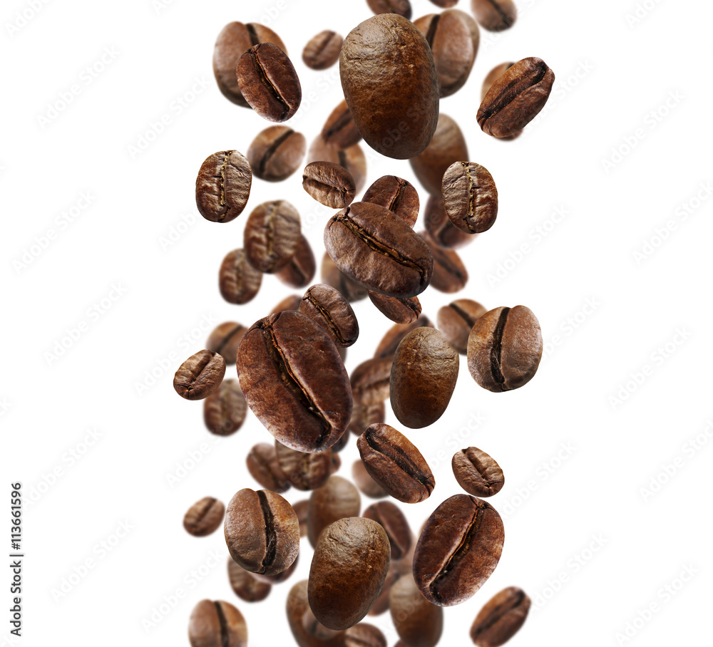 Falling coffee beans isolated on white Stock Photo | Adobe Stock