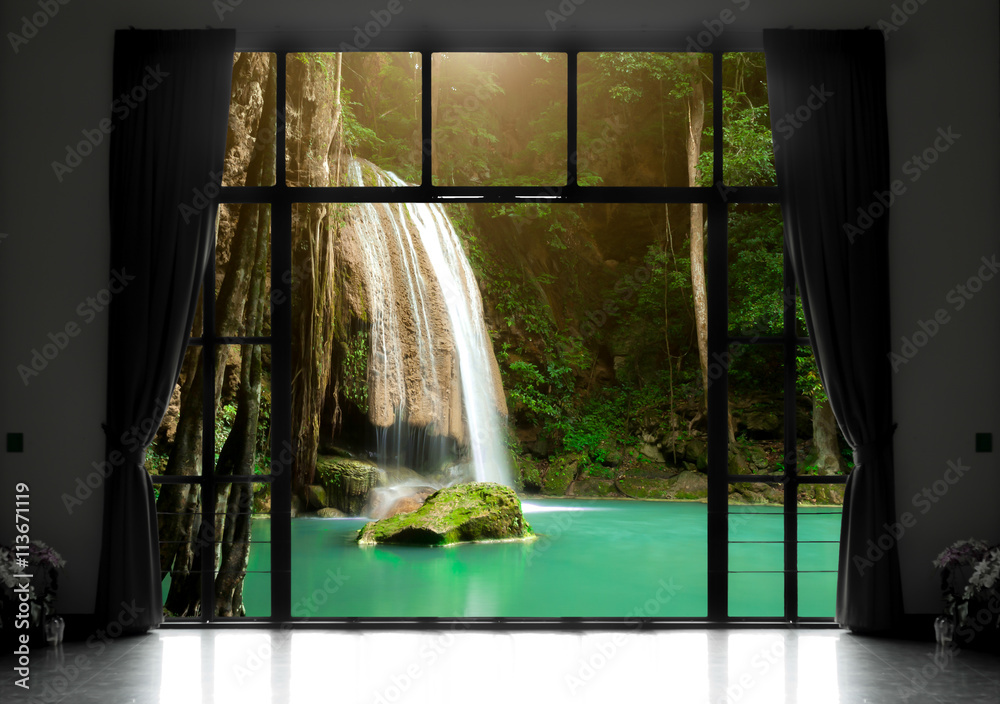 Silhouettes of window with a curtain, waterfall view background Stock ...