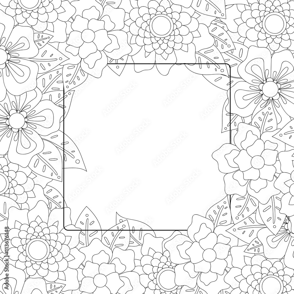 Doodle flowers and leaves hand drawn zentangle style square vector ...