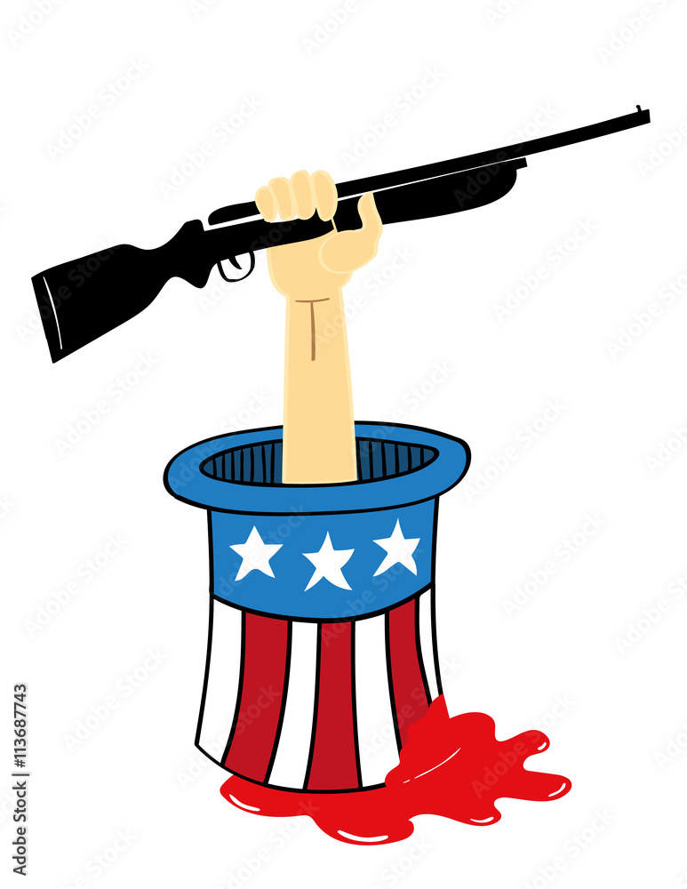 Uncle Sam top hat from which an arm holding a rifle is sticking out ...