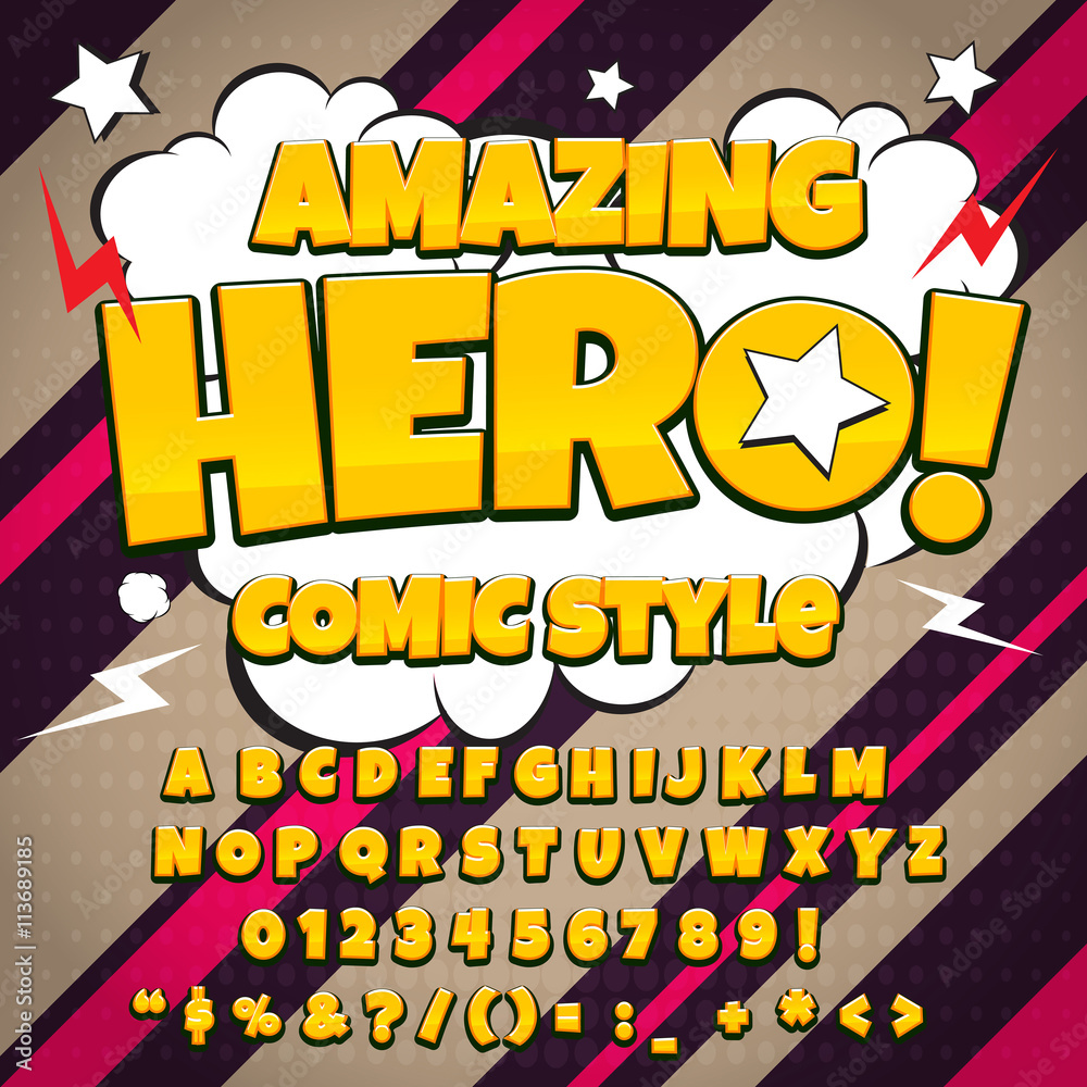 Comic alphabet set. Light yellow color version. Letters, numbers and ...