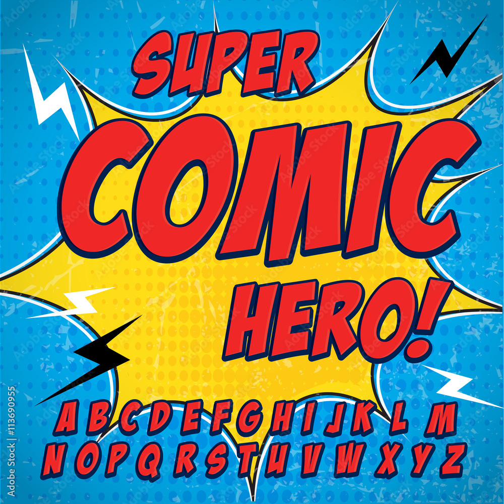 Comic alphabet set. Red color version. Letters, numbers and figures for ...