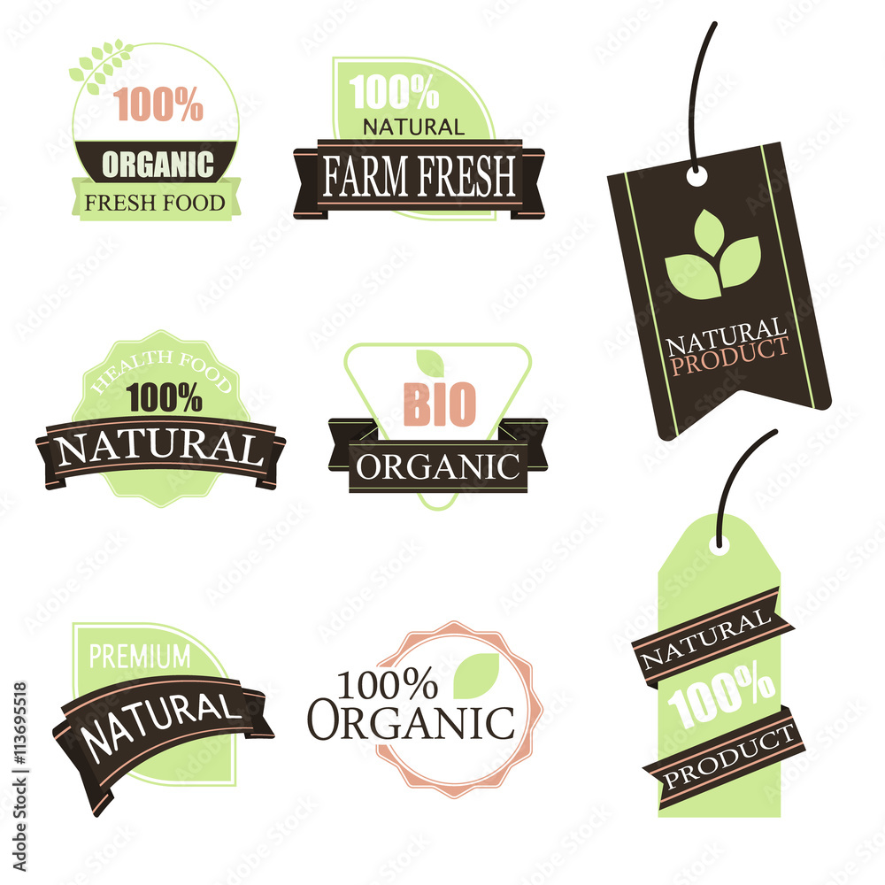 Organic food labels and elements.Natural organic product labels ...