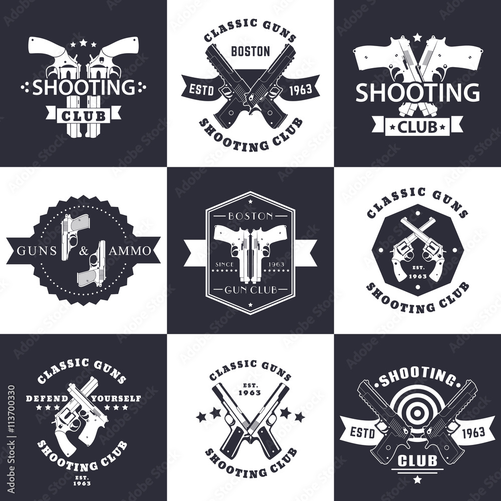 Shooting Club, Guns and Ammo vintage emblems, signs with crossed ...