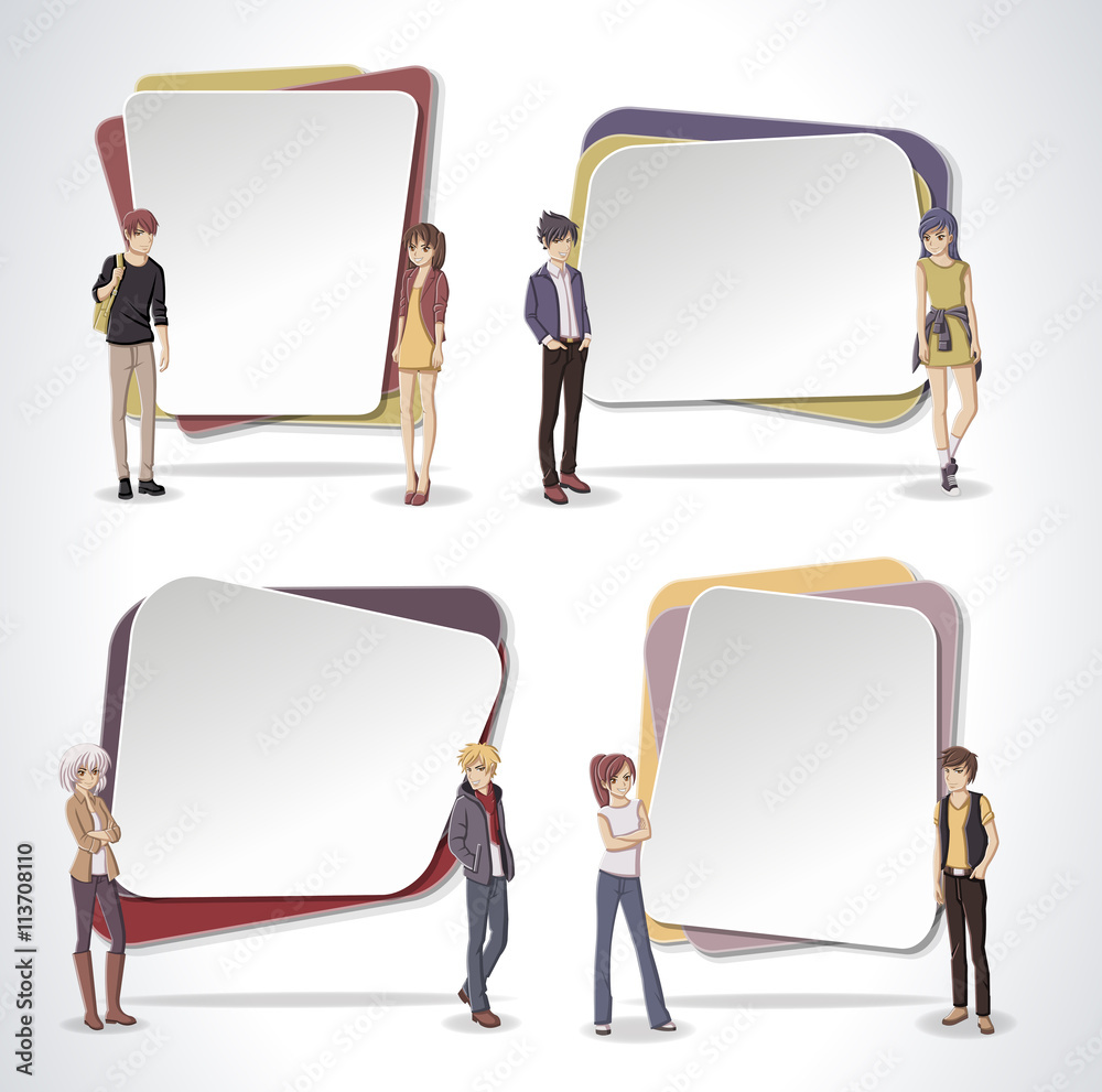 Vector banners / backgrounds with cartoon young people. Design text box ...
