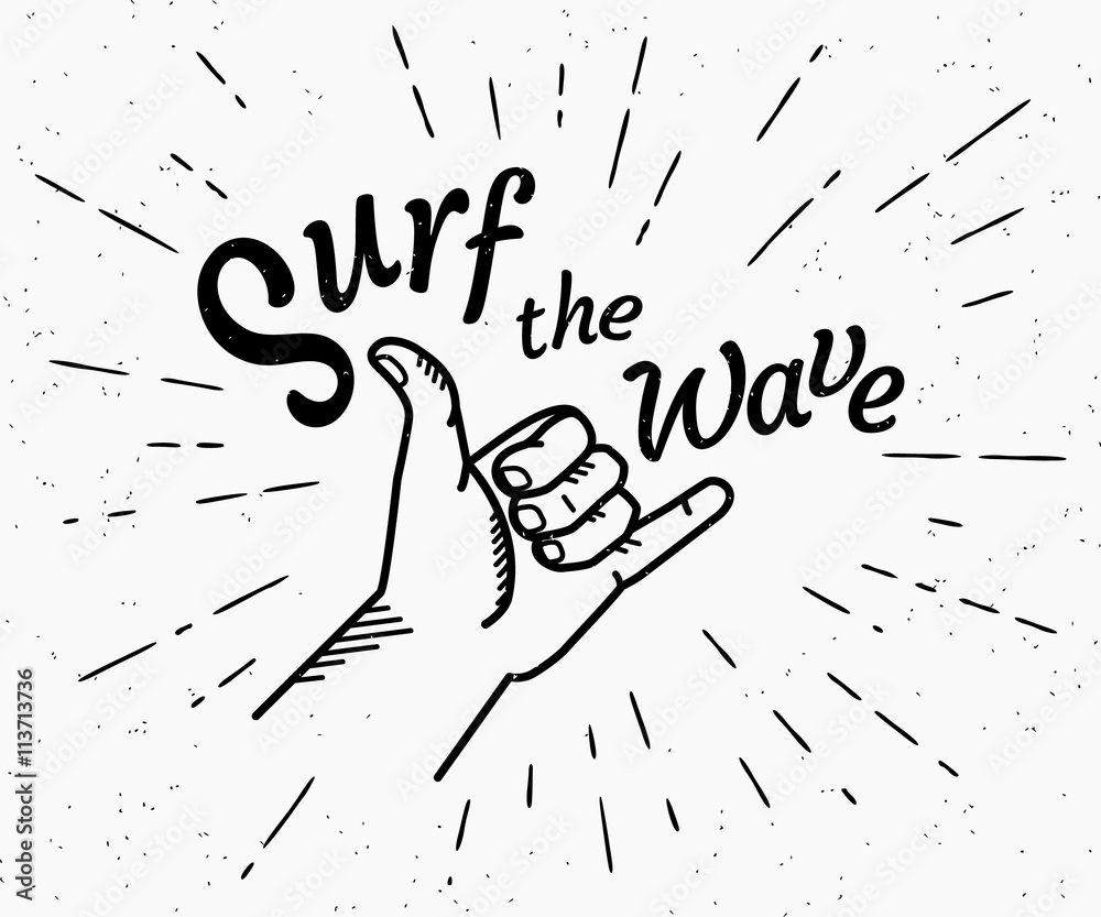 Retro grunge black and white illustration of human hand doing surfer ...