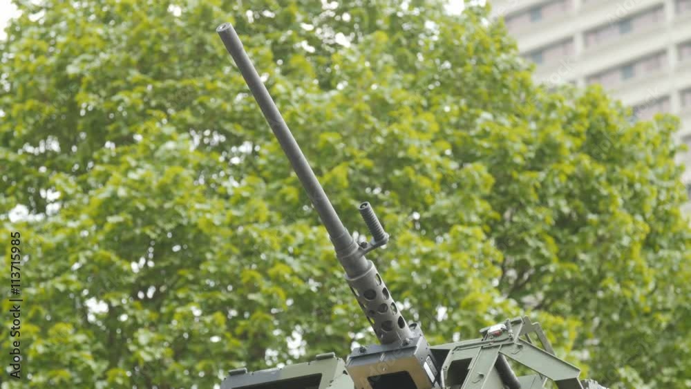 Close up view of the turret, armaments and gun of an operational ...