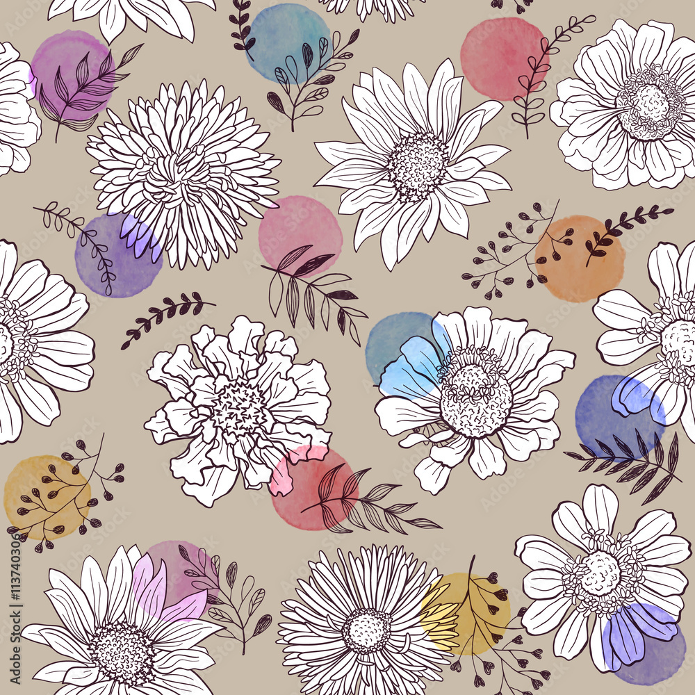 Seamless pattern from flowers outlines and watercolor dots on white ...