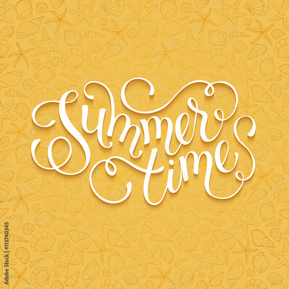 Summer time wording with sea shells on background. Happy summer ...