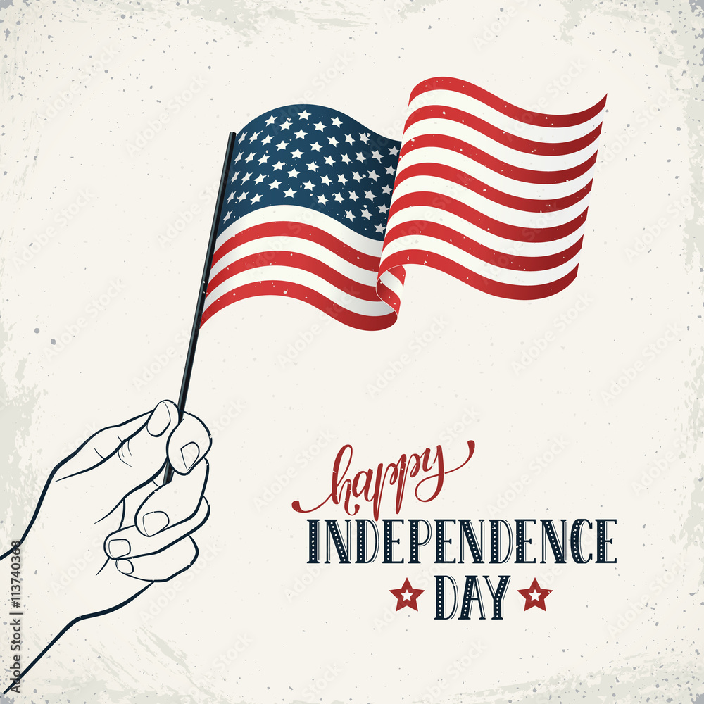 Happy Independence Day. Men's hand holding USA flag with text on retro ...