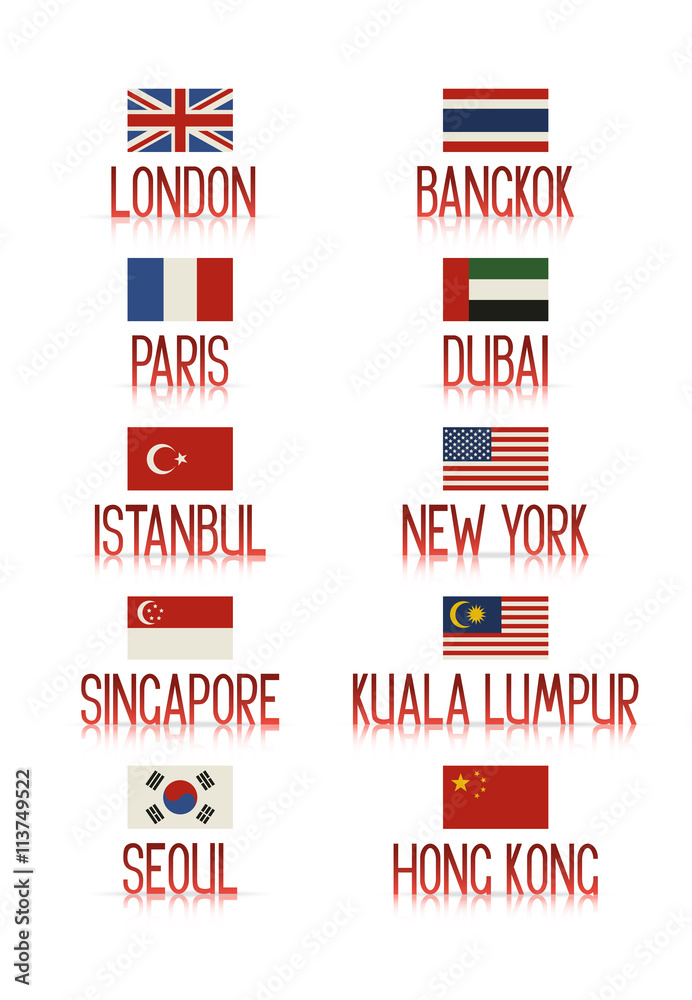 Vetor de Set of ten popular tourist cities and their countries' flags ...