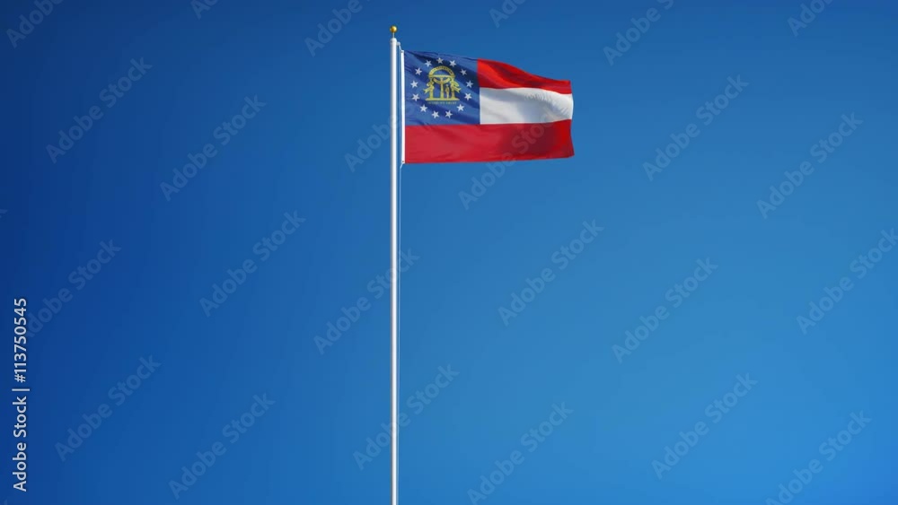 Georgia (U.S. state) flag waving in slow motion against clean blue sky ...