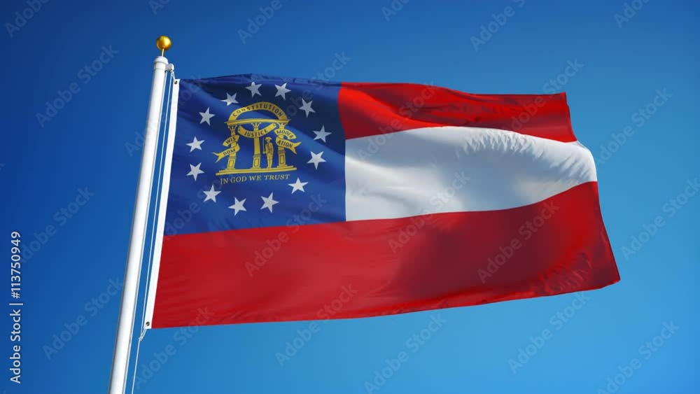 Georgia (U.S. state) flag waving in slow motion against clean blue sky ...