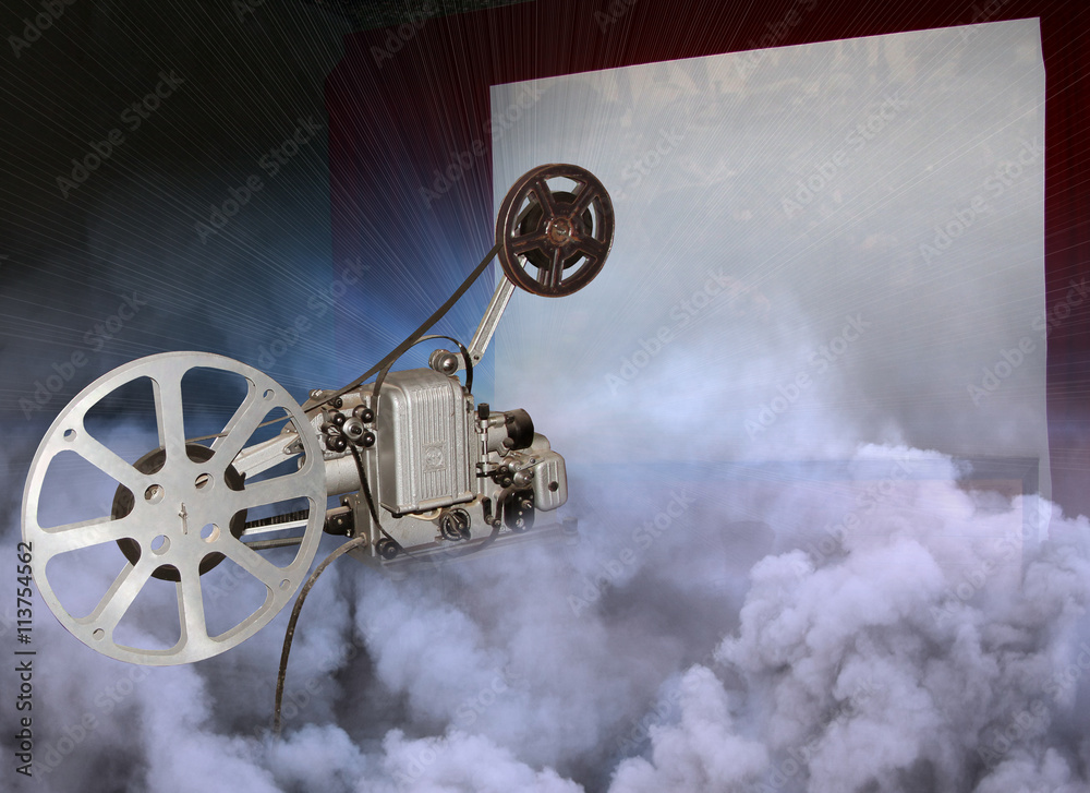 old film projector in a retro movie theater with a white screen with a ...