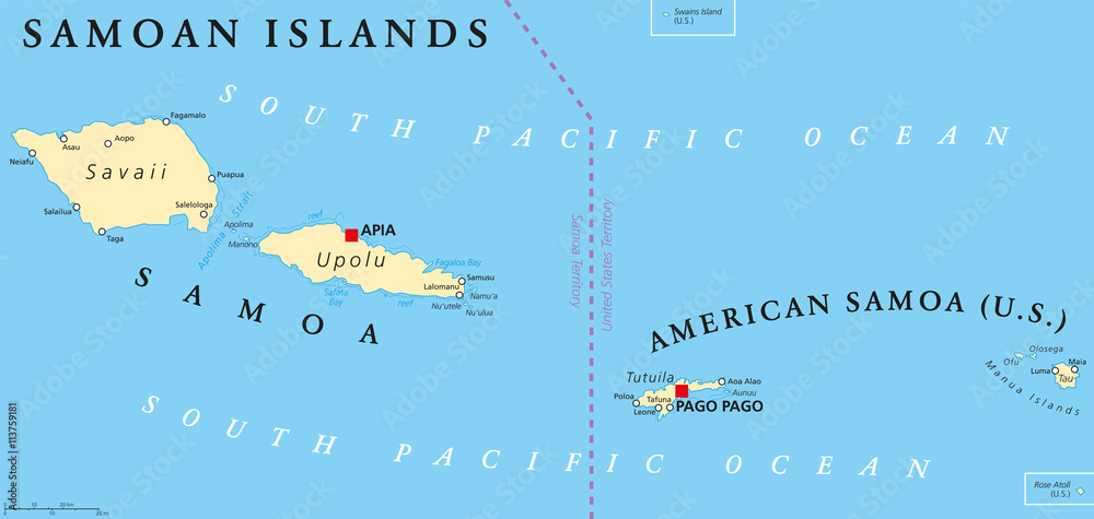 Samoan Islands political map with Samoa, formerly known as Western ...