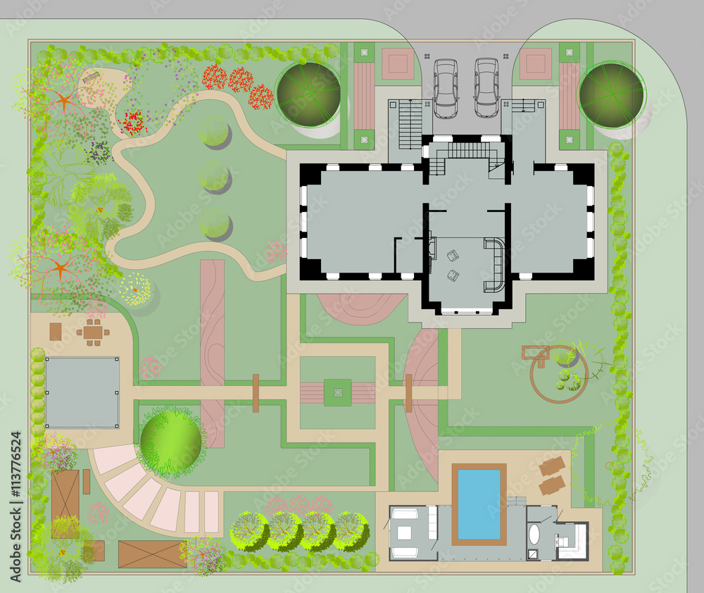 Masterplan with a beautiful garden, villa, bath house and backyard ...