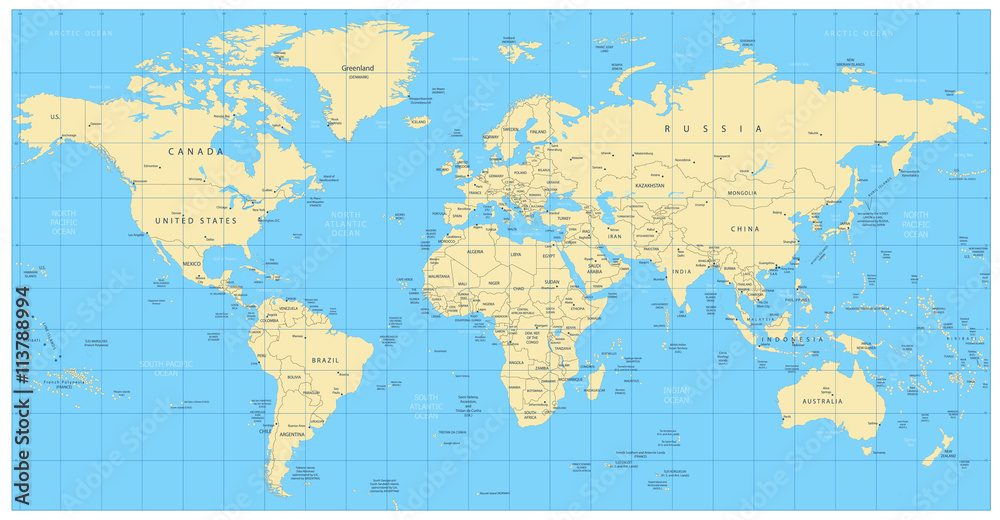 Highly detailed world map: countries, cities, water objects Stock ...